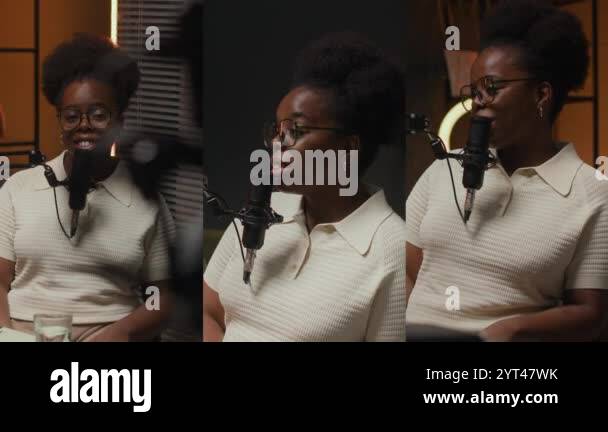 Split screen of young confident African American radio host speaking in ...