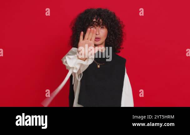 Stop, enough. Caucasian woman say no hold palm folded crossed hands in ...