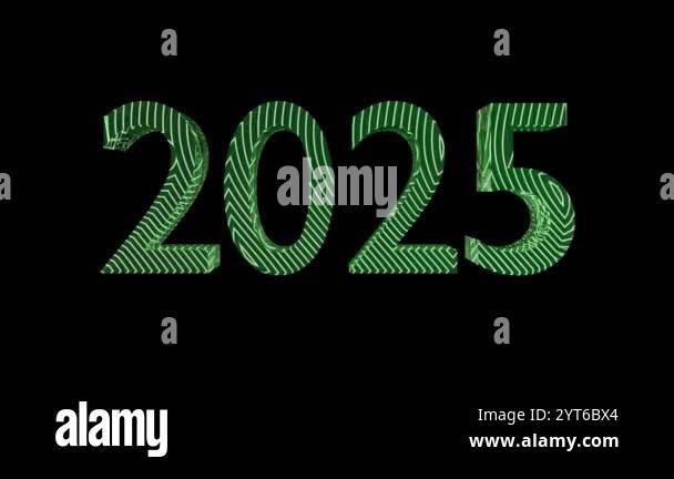 3D transparent glass text "2025" with smooth green curved lines (wires ...