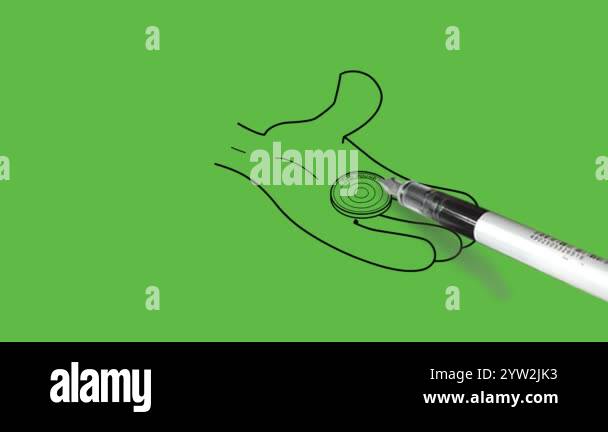 draw human hand keep two POUNDS coin in round shape on palm with black ...