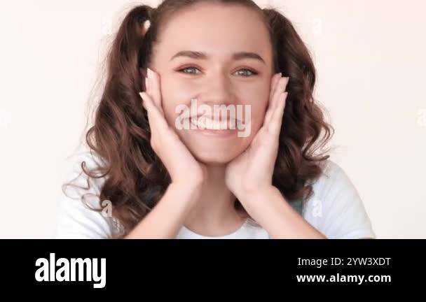 Amazed female portrait. Good news. Positive emotion excited happy ...