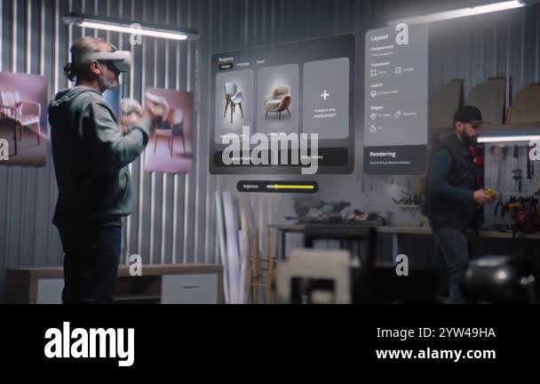 Modern workshop: Designer or artisan wearing virtual reality headset assembles chair using app ...