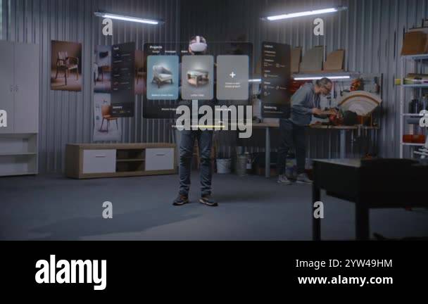 Modern workshop: Professional craftsman or designer wearing AR headset ...