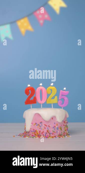Happy New Year 2025, seamless looping of cute cake with colorful candle ...