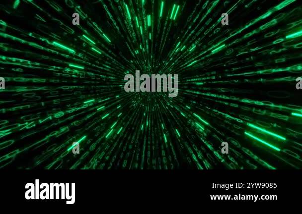 Flying Through Green Matrix Digital Tunnel or Wormhole. Matrix text and Numbers Tunnel Hole ...