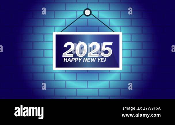2025 Happy New Year hanging sign on neon brick wall Screen. 4k ...