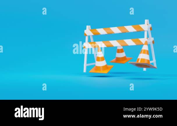 Floating orange Traffic cones and barrier on blue background. Safety ...