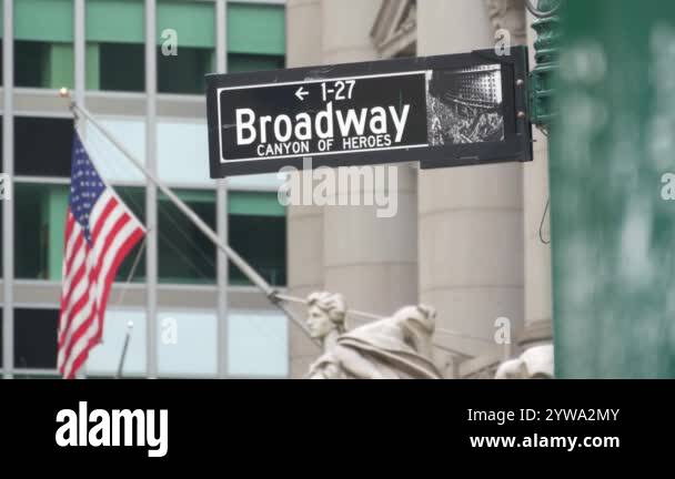 Broadway street road sign, Manhattan downtown financial district ...