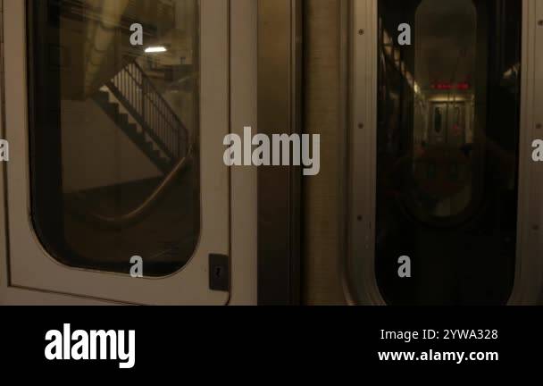 New York City subway train, inside metropolitan wagon. United States ...
