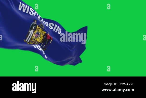 Wisconsin state flag waving in the wind isolated on green background ...
