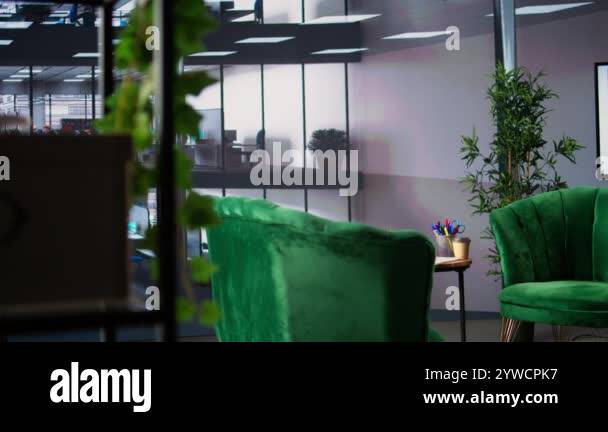 Empty office workspace showcases monitor with research analysis during meetings, running ...