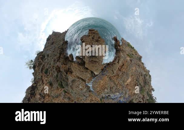 "Tiny planet" effect showing a circular, distorted view of rocky cliffs ...