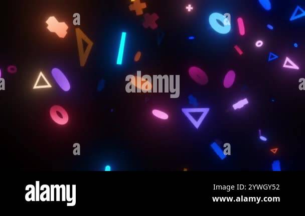 Colorful 3d shapes elements triangles toruses crosses spinning on black background. 4K abstract ...