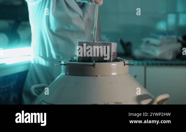 A lab worker removes a container of frozen DNA samples from a liquid ...