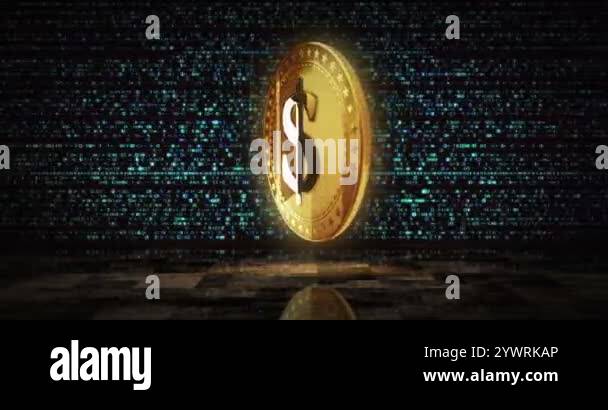 Dollar USD USA currency gold coin on digital screen loopable background ...