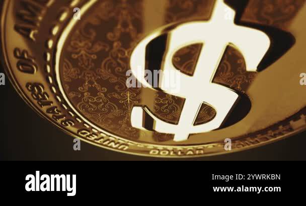 Dollar USD USA currency golden coin turning. camera rotates around the ...