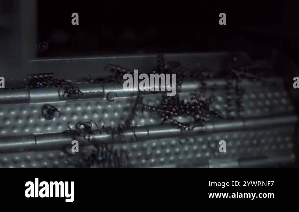 Iron chips falling from a lathe during the processing of a metal part ...