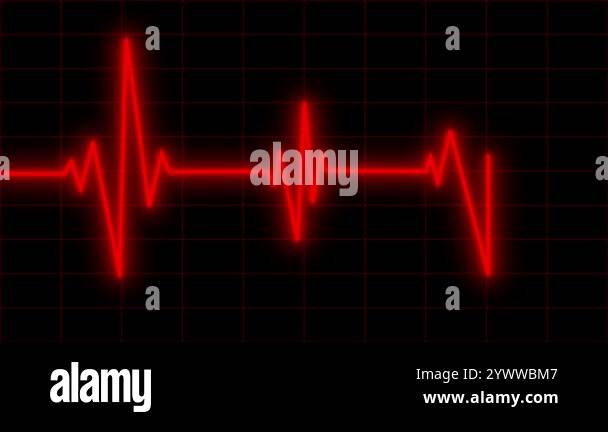Heart beat pulse. Glowing neon red heart cardiogram line on dark ...
