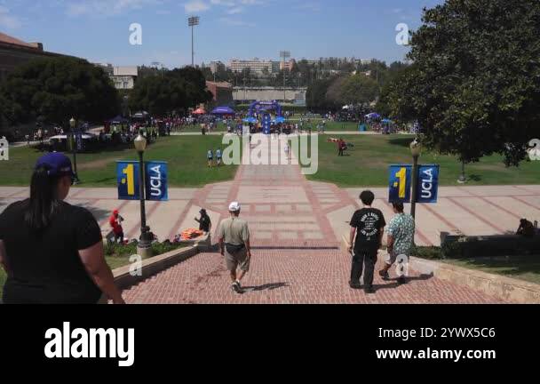 A vibrant scene at UCLA University in Los Angeles, featuring groups of ...