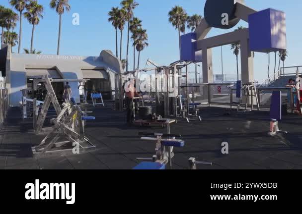 Fitness enthusiasts exercise at Muscle Beach in Venice, Los Angeles ...