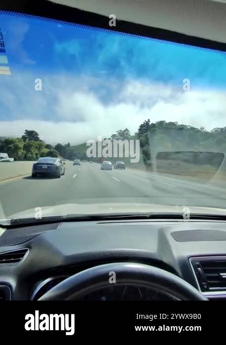 A peaceful drive along a winding road surrounded by towering trees and ...