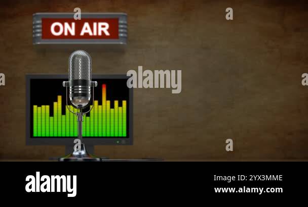 Retro microphone in the old studio with on air sign and vu meter - 3D ...