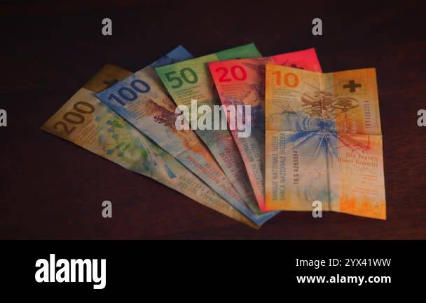Cash Money Counting. Swiss Francs Banknotes - Close up dolly shot ...