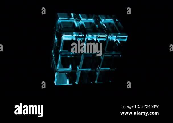 Looping 3d motion graphics. Glass iridescent cube shape with refraction, dispersion and ...