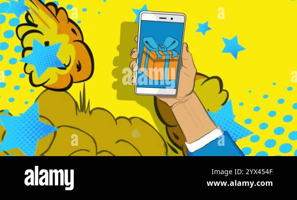 Cartoon Smartphone, comic book Telephone with Gift Box, surprise ...