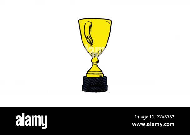 Turning trophy cup hand drawn looping animation on white and green ...