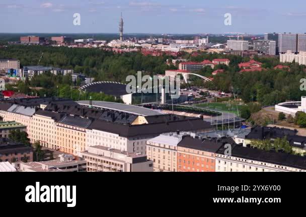 Helsinki, Finland, is showcased from above, featuring the Olympic ...
