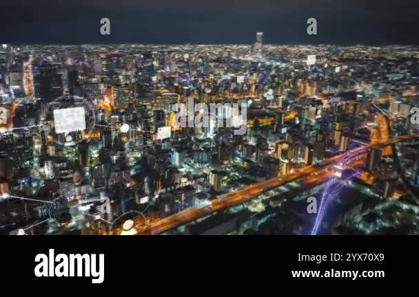 Vibrant timelapse of huge city at night with dynamic data visualization ...