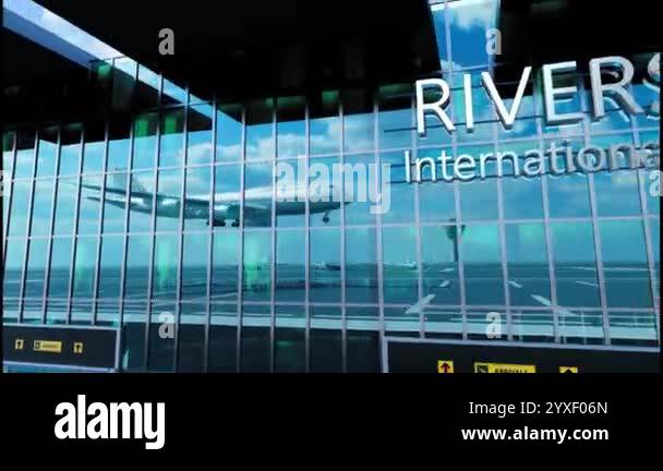Airlane landing at city, arrival in the city with the glass airport terminal and reflection of ...