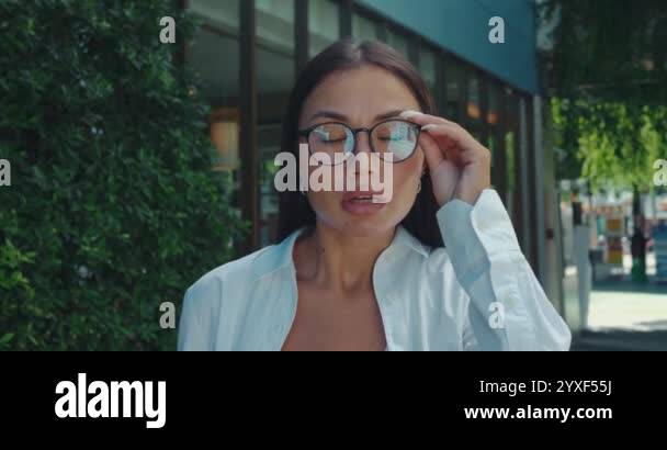 Stunned expression woman removes glasses face clearly showing emotions ...