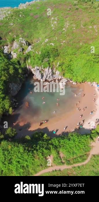 Gulpiyuri beach in Asturias, northern Spain. Aerial view of the unique ...