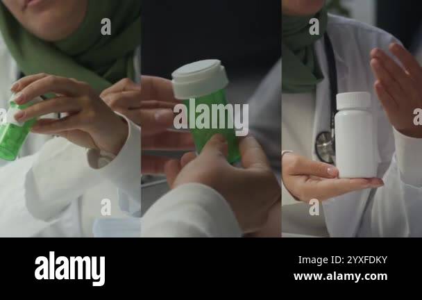 Split screen of young Muslim female doctor wearing green headscarf and ...