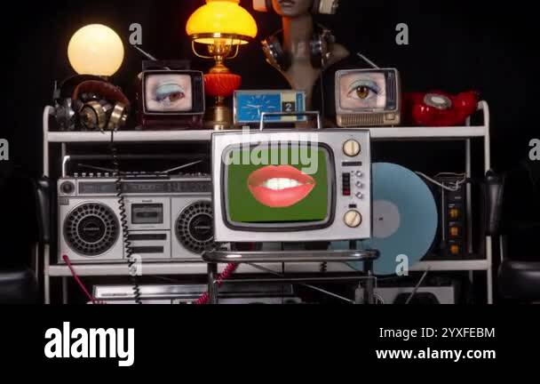 Collection of stop motion retro and vintage entertainment objects with ...