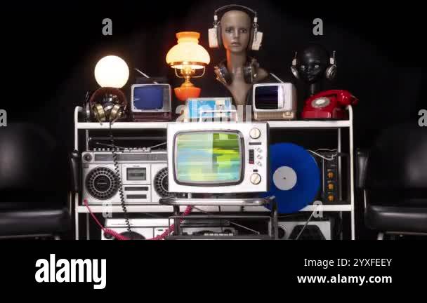 Collection of stop motion retro and vintage entertainment objects with ...