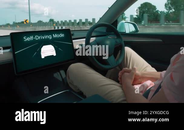 Self driving car or autonomous vehicle travel on speed highway with ...