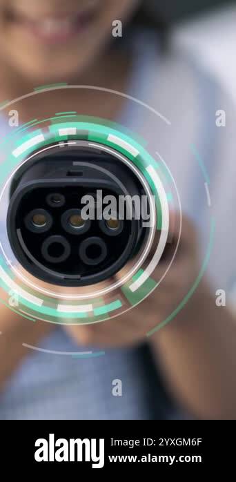 Focus EV charger pointing in front of camera display futuristic eco ...