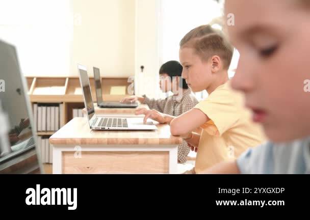 Caucasian smart child programing software system and learning about ...