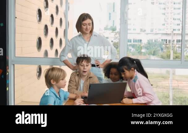 Cute african girl programing system while surround with caucasian ...
