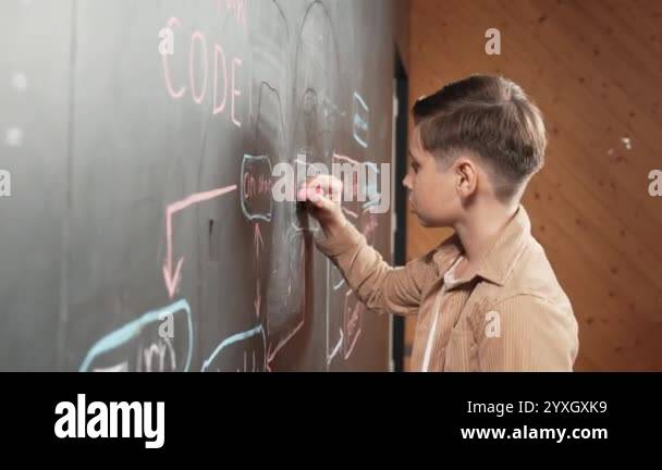 Panorama shot of smart boy writing engineering prompt on blackboard ...