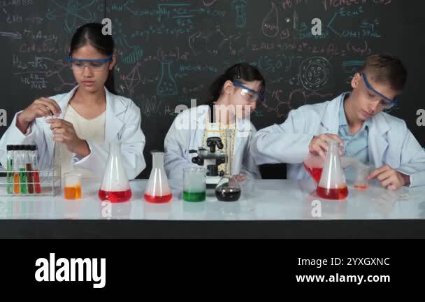 Professional diverse student doing experience at blackboard with chemical theory in STEM science ...