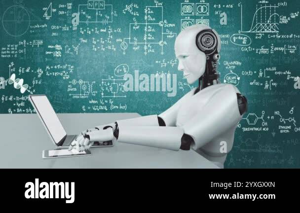 Robot hominoid use laptop and sit at table for engineering science studying using AI thinking ...