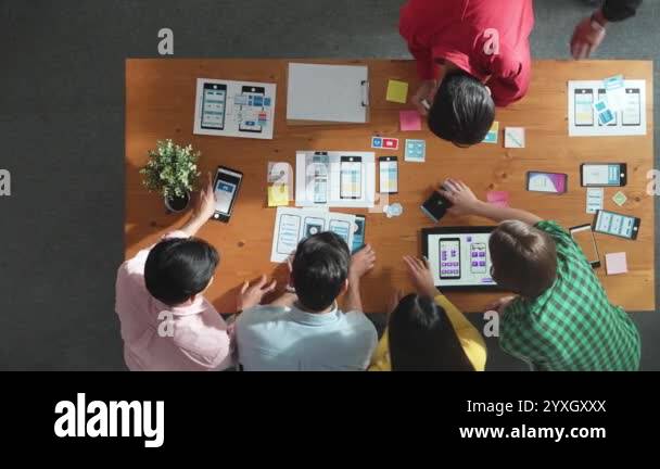 Top view of smart software developer planning software development. Skilled programmer team ...