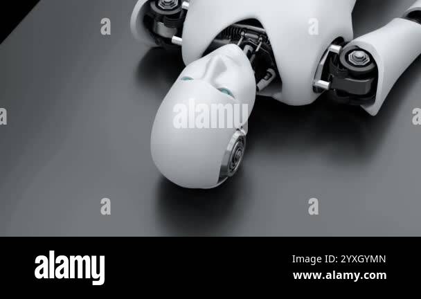 Futuristic robot lying on bed , artificial intelligence CGI on black background . Robotic man 3D ...