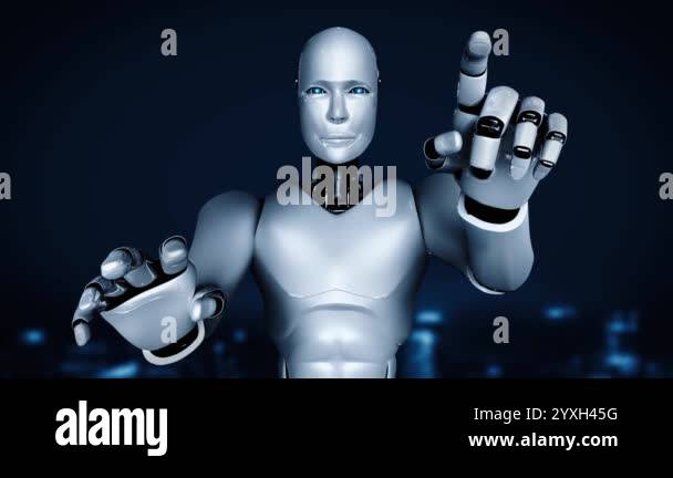 Internet connection controlled by AI robot huminoid and machine learning process to analyze data ...