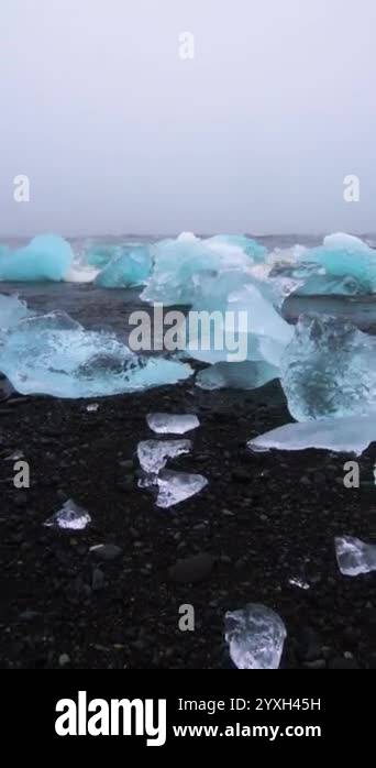 Icebergs on Diamond Beach in Iceland. Frozen ice on black sand beach ...