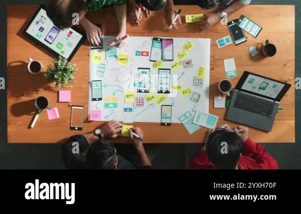 Professional developer team sharing idea of Ux Ui design by using mind map. Top down view of ...